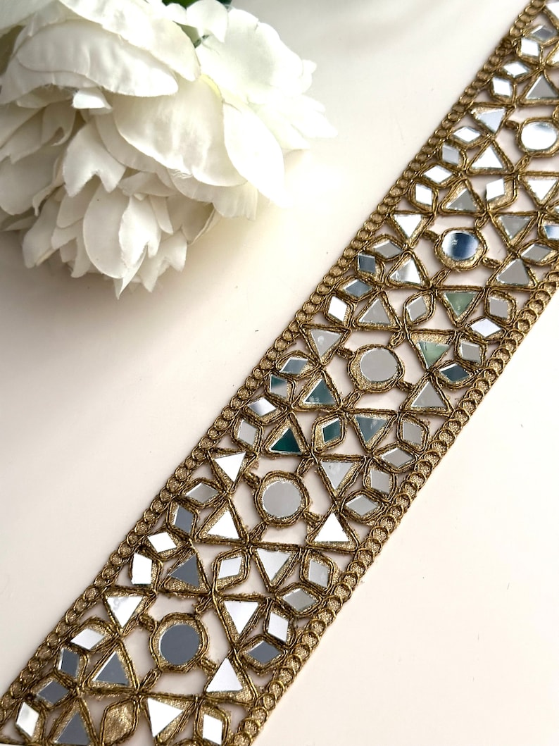 Broad Mirror Indian Embroidered Lace 6cm Antique Gold Mirror Cutwork ...