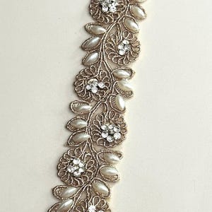 Rose Gold Pearl Crystal 2.5cm Indian Embroidered Lace Pearl Embroidered Band Zari Embellish Net ...