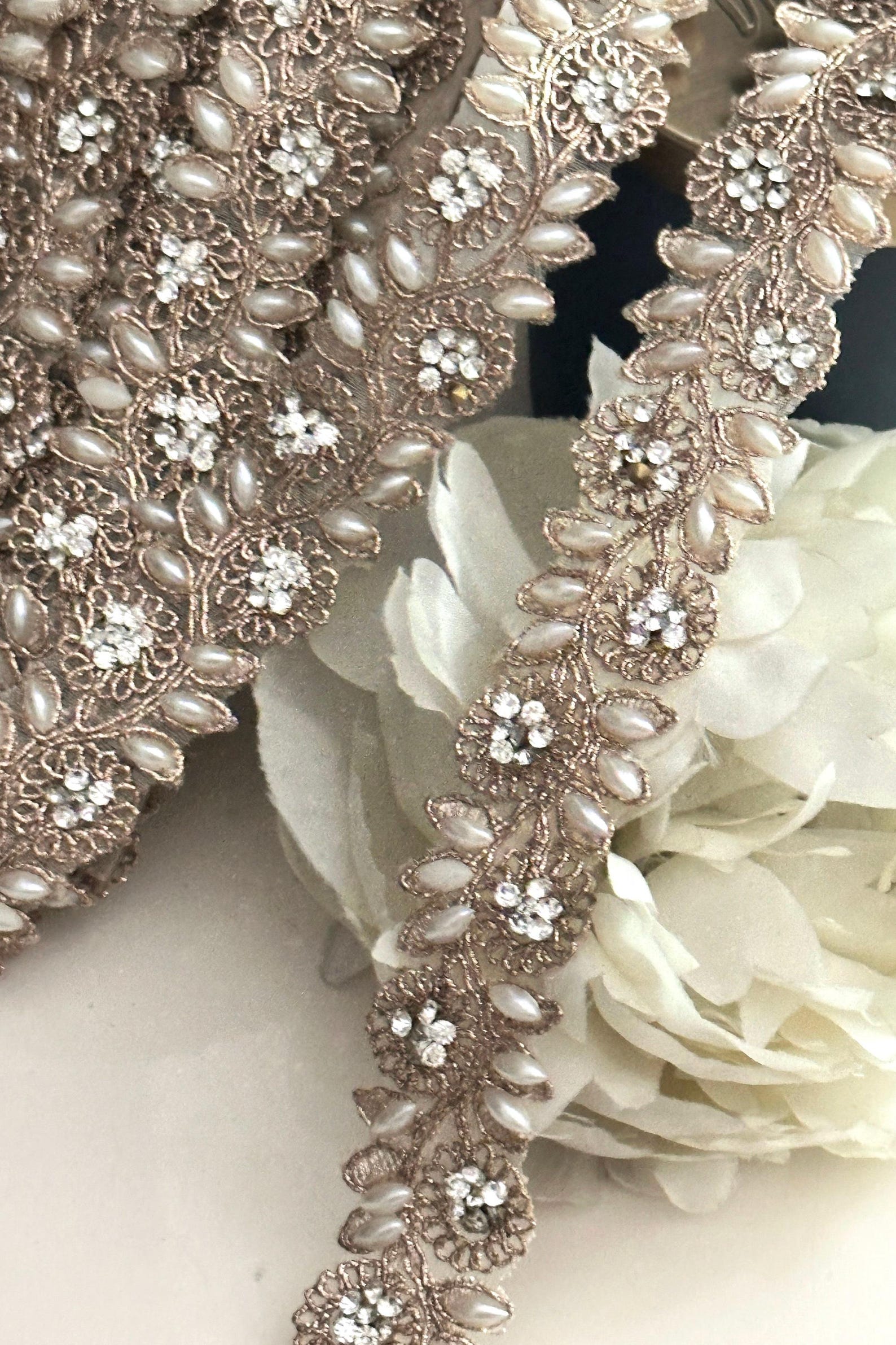 Rose Gold Pearl Crystal 2.5cm Indian Embroidered Lace Pearl Embroidered ...