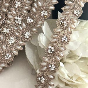 Rose Gold Pearl Crystal 2.5cm Indian Embroidered Lace Pearl Embroidered Band Zari Embellish Net ...