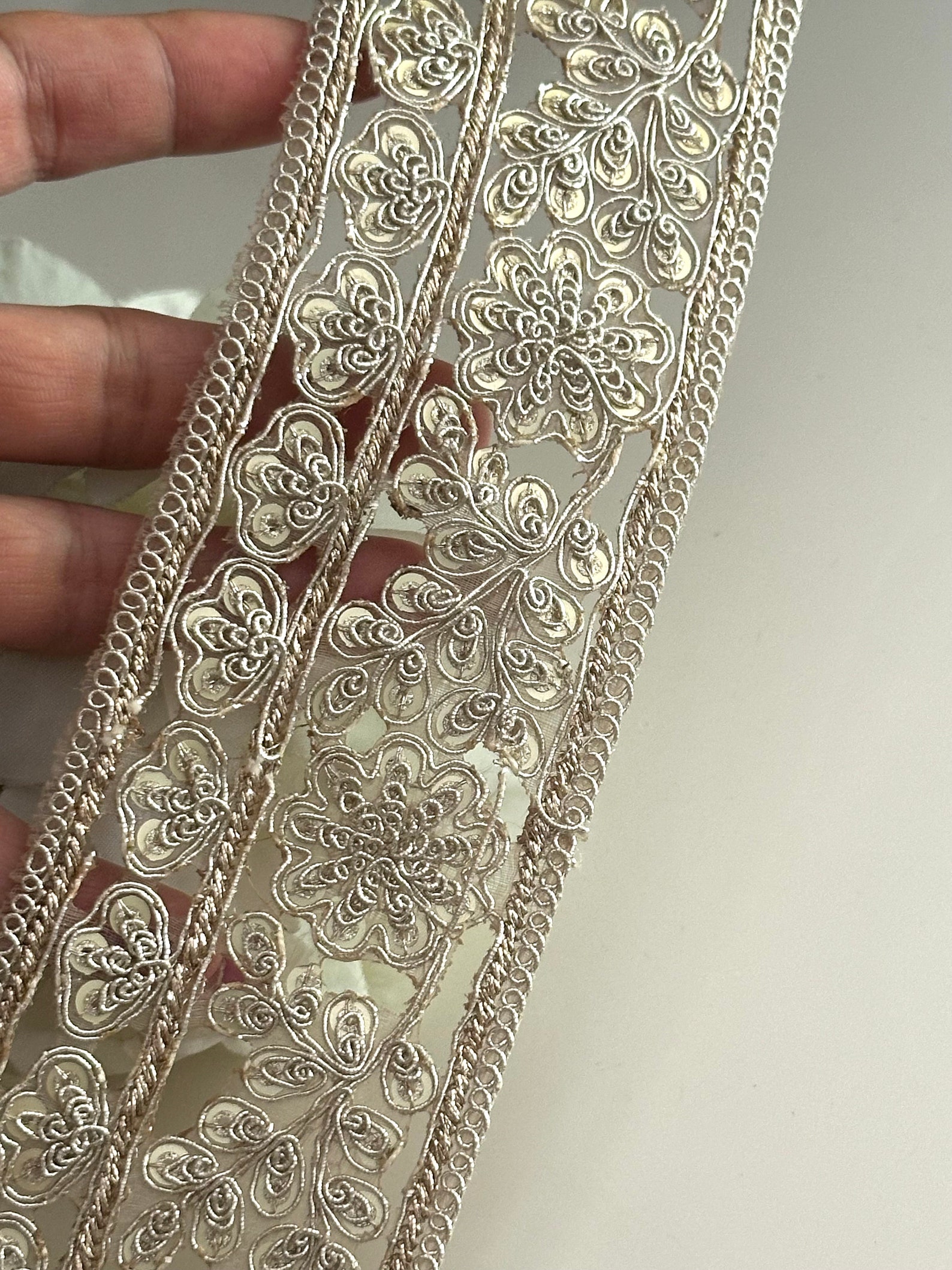5.5cm Pale Gold Zari Embroidery & Sequin Cutwork Traditional Indian ...