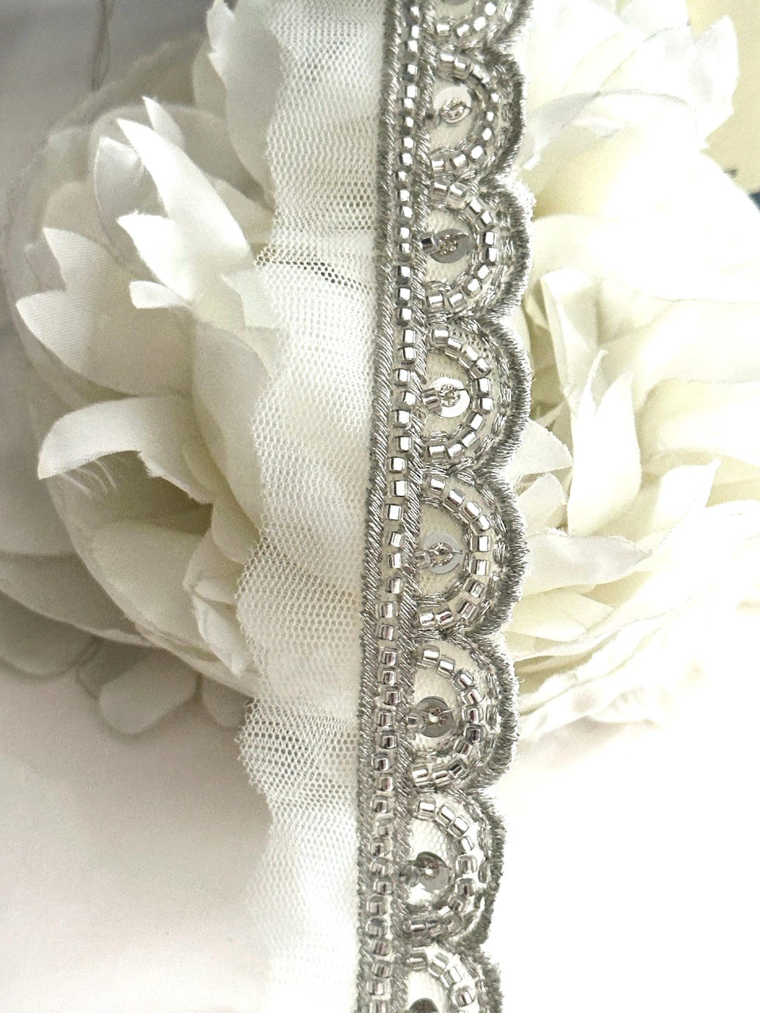 Bead Scalloped Glass Trim in Silver Zari Work Indian Embroidered ...