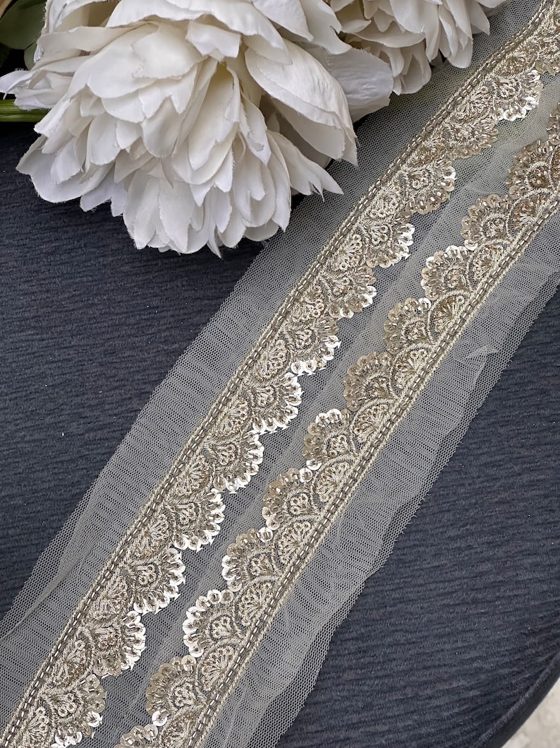Sparkling Silver Zari Trim Crystal Sequin 3cm Net Fabric Lace for Sari ...