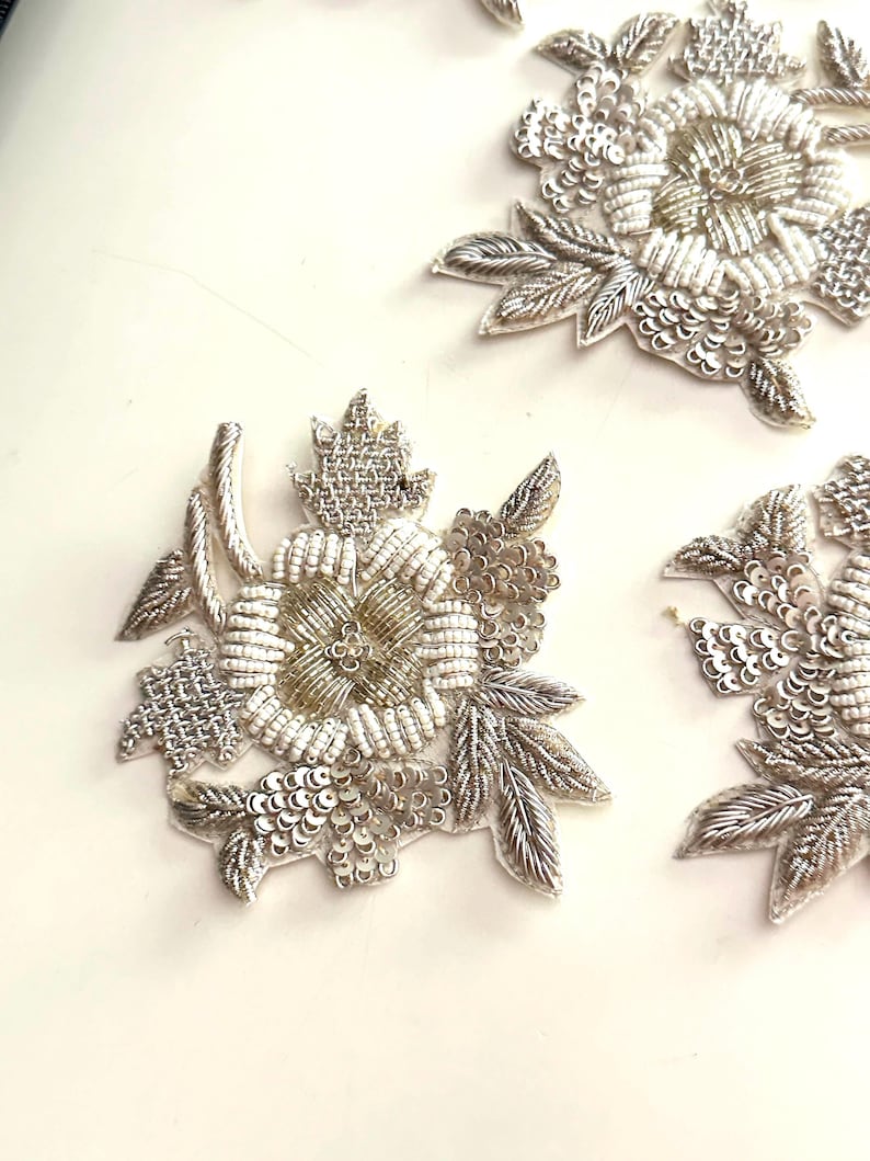 Hand Embroidered Silver Floral Applique Patch: Zardozi Beaded Motif - Etsy