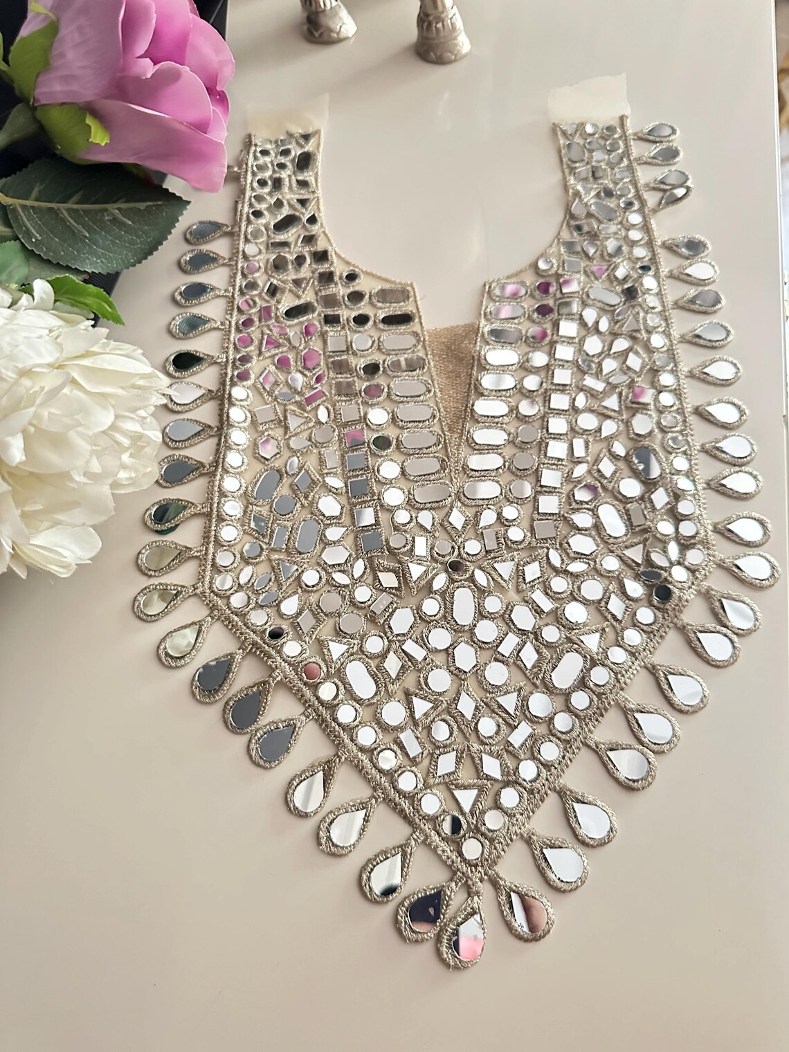 Mirror Work Applique Neckline Patch Handmade Tassel Mirror Embroidery ...