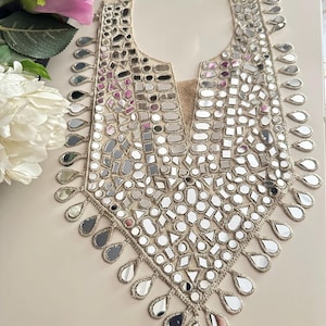 Mirror Work Applique Neckline Patch Handmade Tassel Mirror Embroidery ...