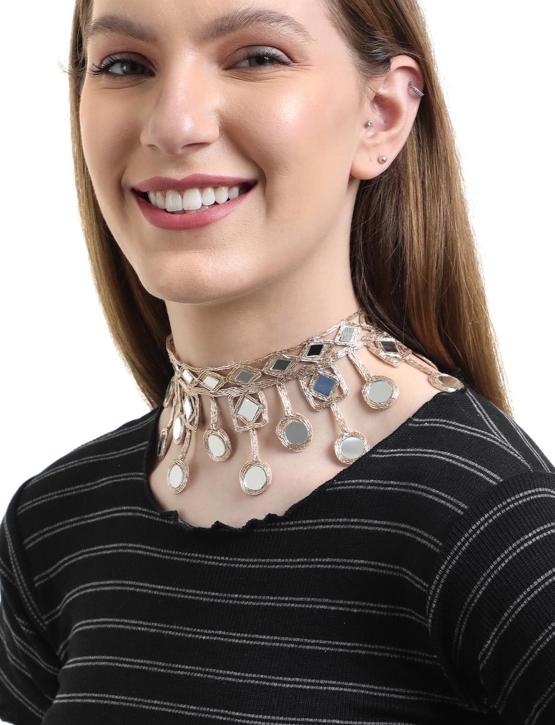 Cosmo Glam Choker Geometric Pattern Mirror Fabric Necklace Modern ...