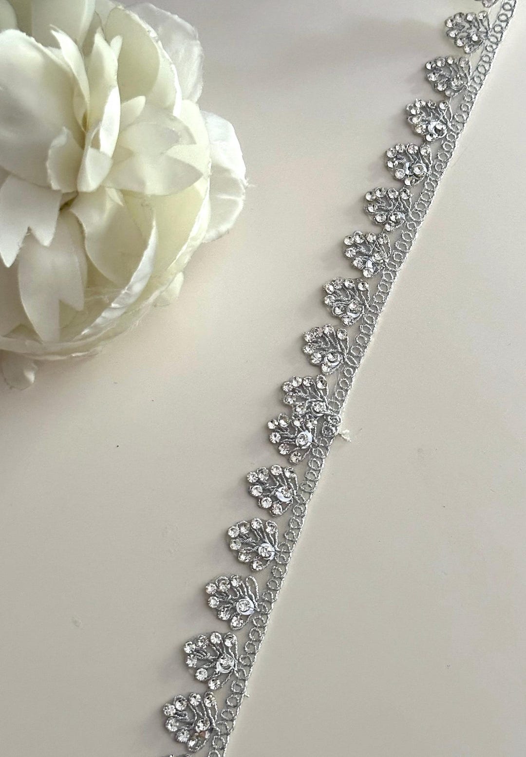 9mtr Silver Zircon Embellished Border Trim Metallic Thread Sew on Trim ...