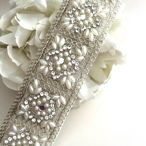 Silver Pearl and Crystal Zircon 4.5cm Embellished Indian Border by Yard ...