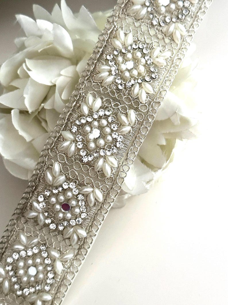 Silver Pearl and Crystal Zircon 4.5cm Embellished Indian Border by Yard ...