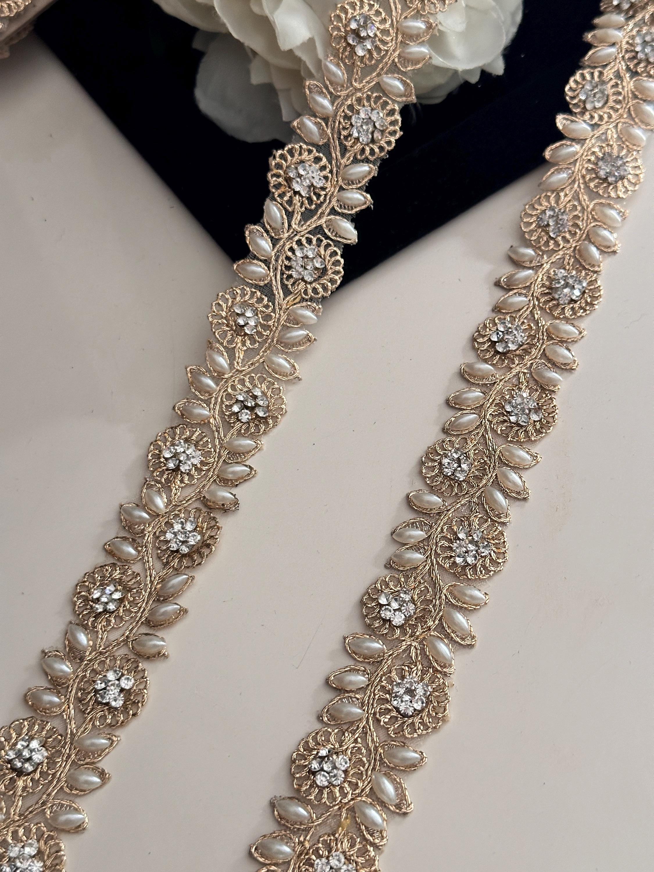 Pearl Beaded Lace Trim With Rhinestone Thin Vine Bridal Sash Hair ...