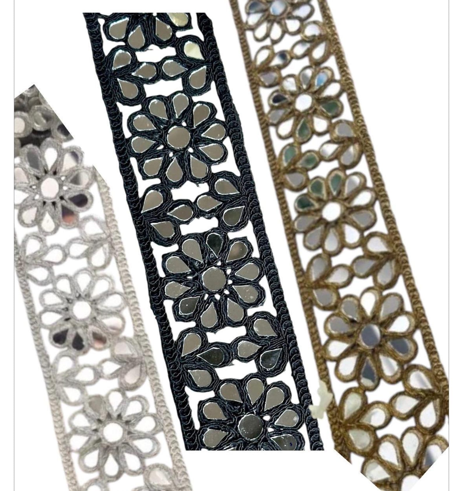 4.5cm Indian Mirror Black Gothic Flower Pattern Trim Saree Border ...