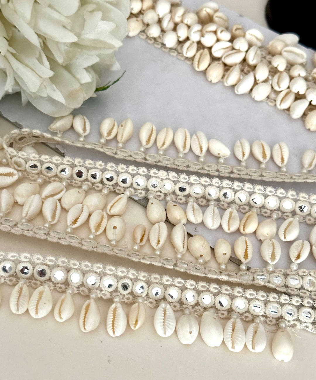 Stunning Pearl White Suspended Cowri Shell and Mirror Beaded Trim ...