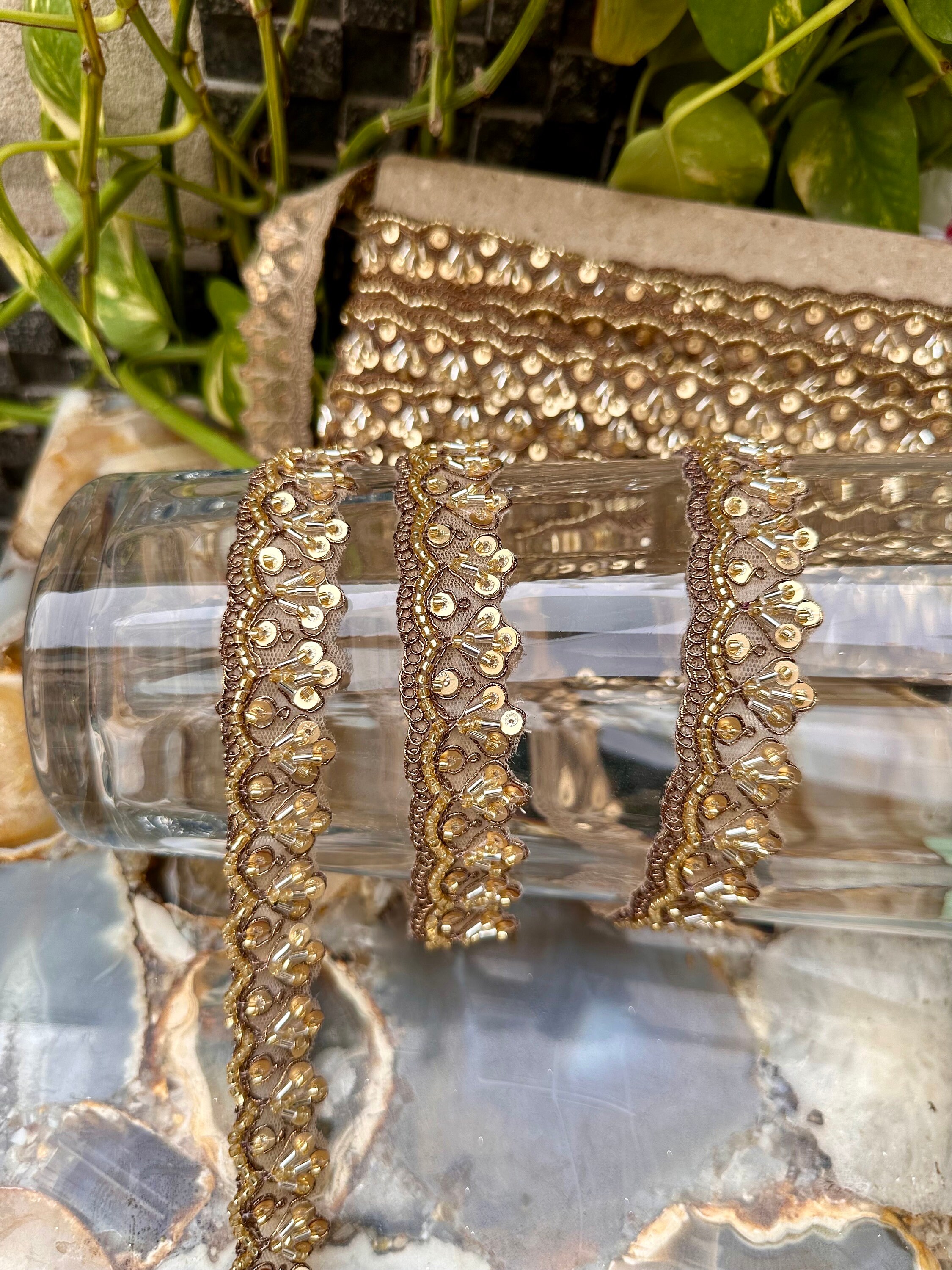 Antique Glass Bead Sequence Indian Trim Lace, Tulle Ribbon Sari Border ...