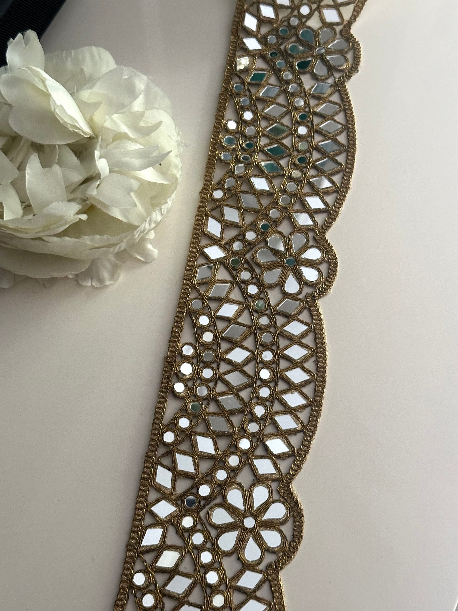 7cm Dull Gold Scallop Designer Mirror Trim, Glamourous Sari Border ...