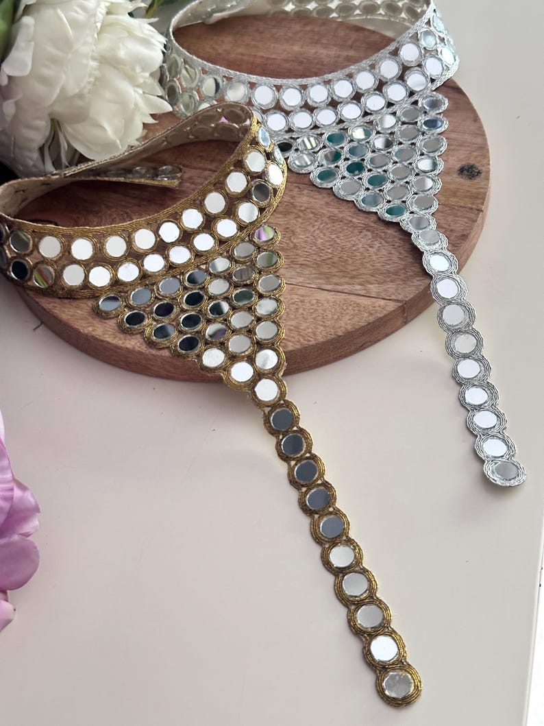 Hand Embroidered Mirror Work Neck Applique Boho Silver & Gold Body ...