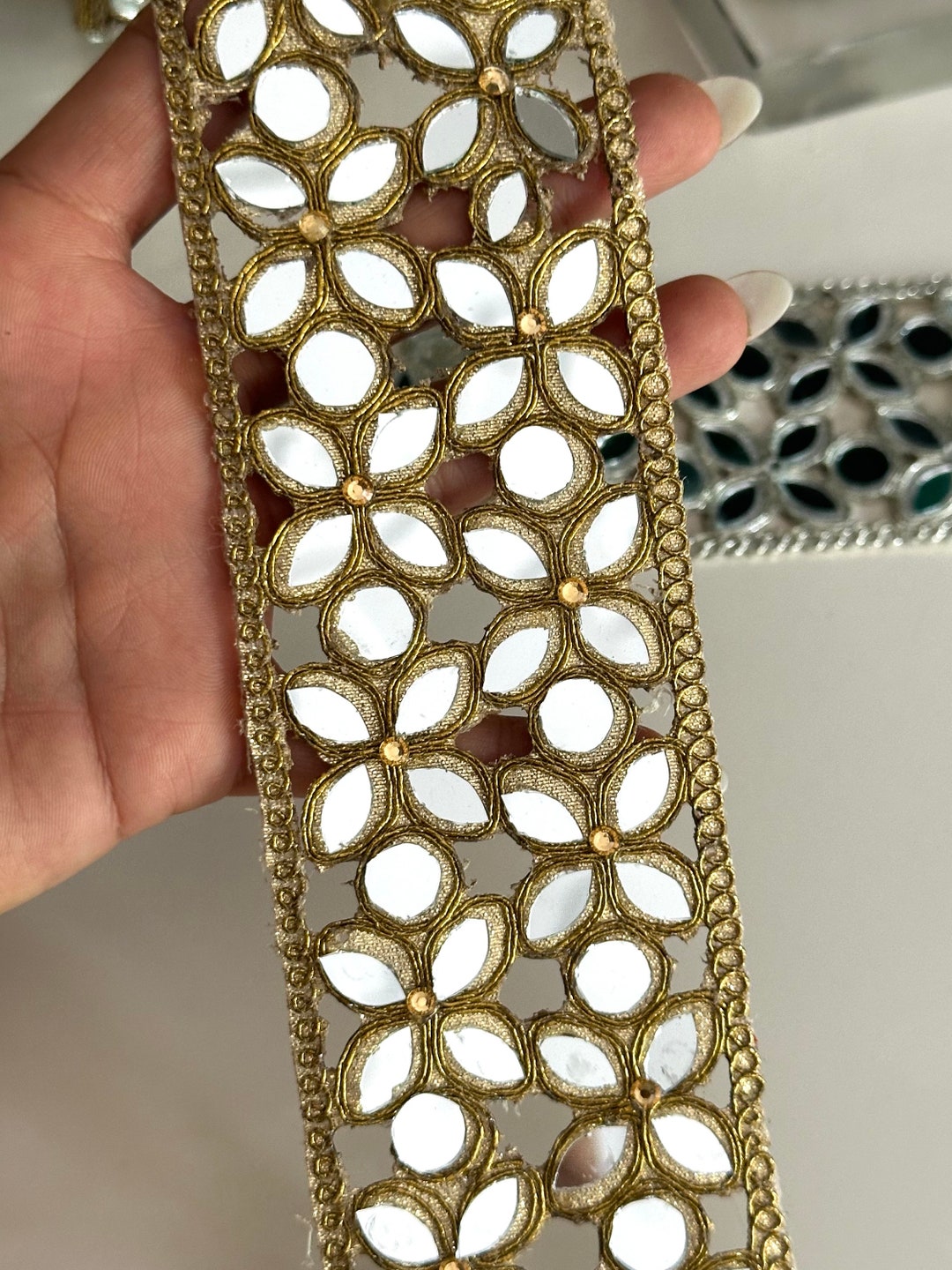 6cm Indian Mirror Belt Symmetric Pattern Traditional Zari Trim Handmade ...
