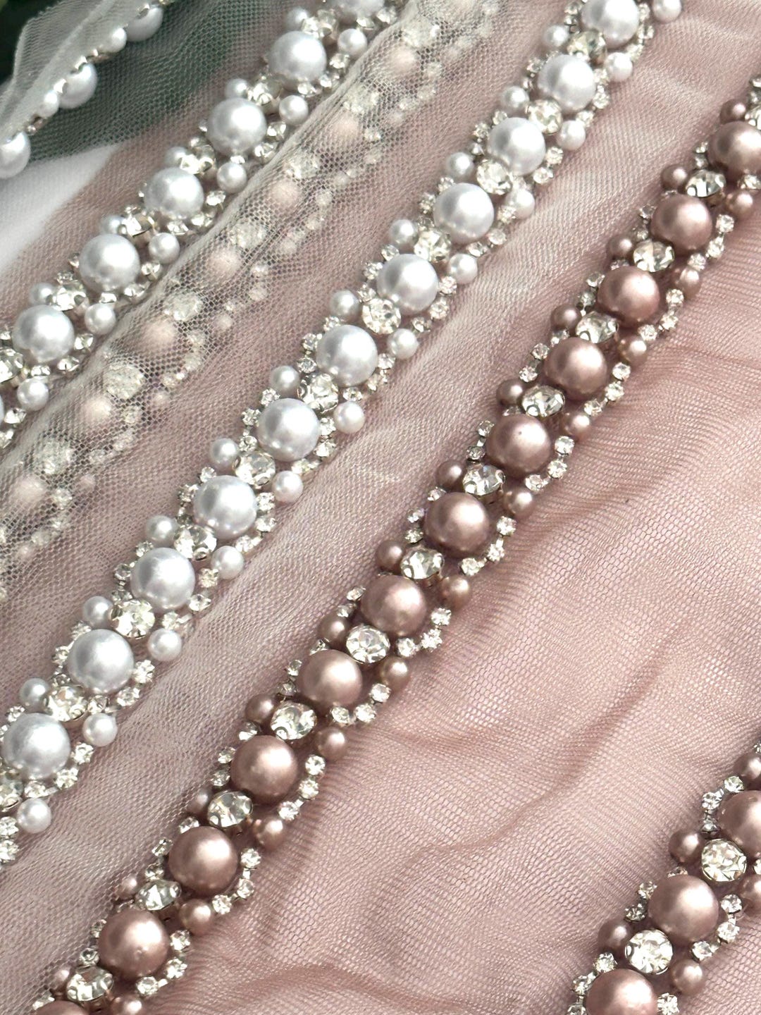 Pearl Rhinestone Bead Trim Handmade Embroidered Lace Wedding Veil ...