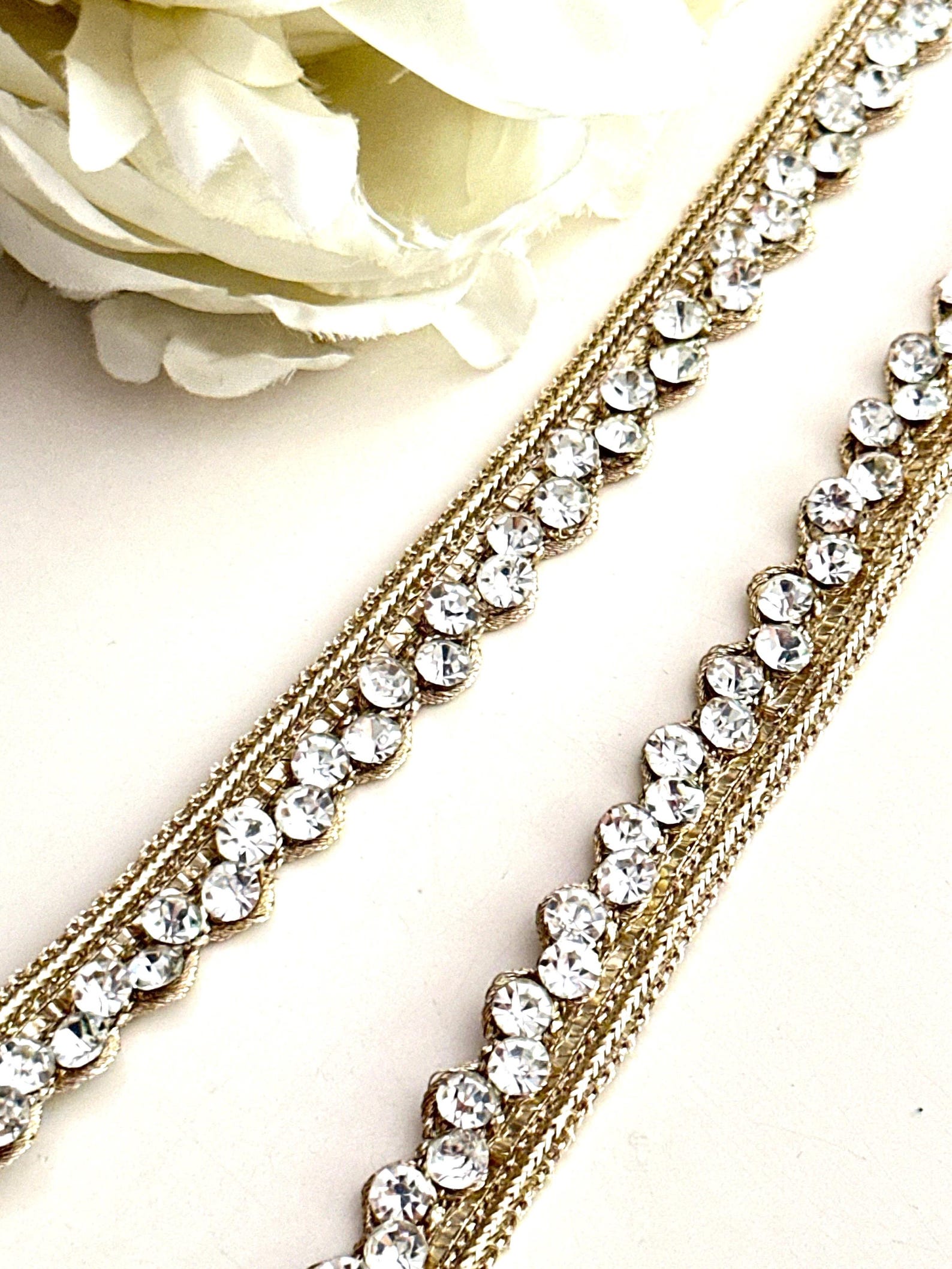 Gold Crystal Rhinestone Embellished Trim Hand Embroidered Bridal Sewing ...