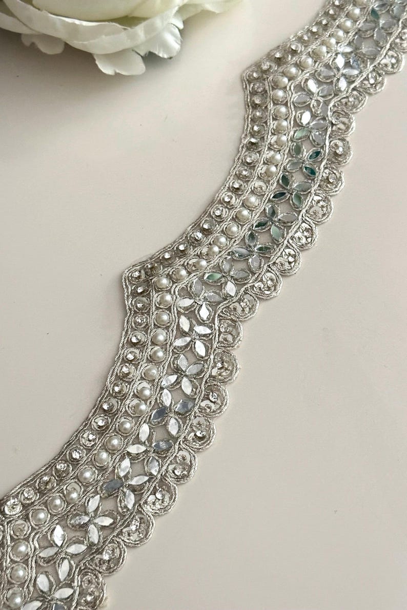 Scalloped Embellished Indian Embroidered Border Pearl Mirror and Zircon ...