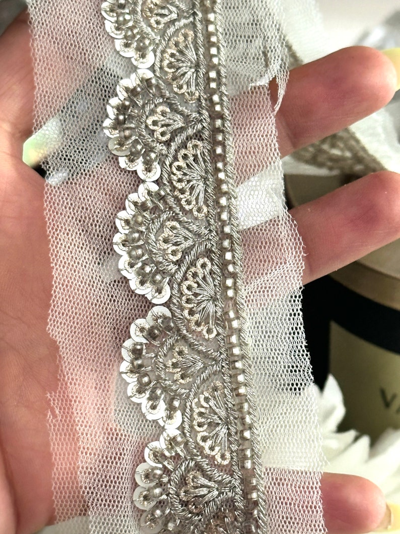 Sparkling Silver Zari Trim Crystal Sequin 3cm Net Fabric Lace for Sari ...