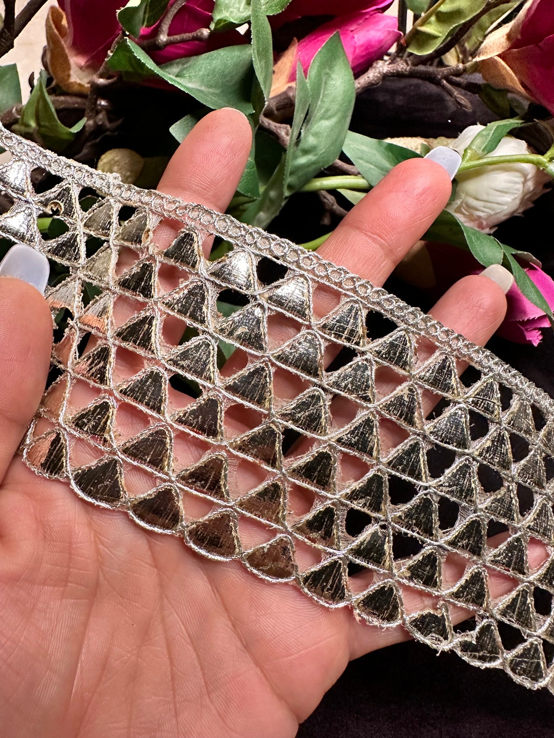 Silver Metallic Thread Handwork Lace Geometric Pattern Traditional ...