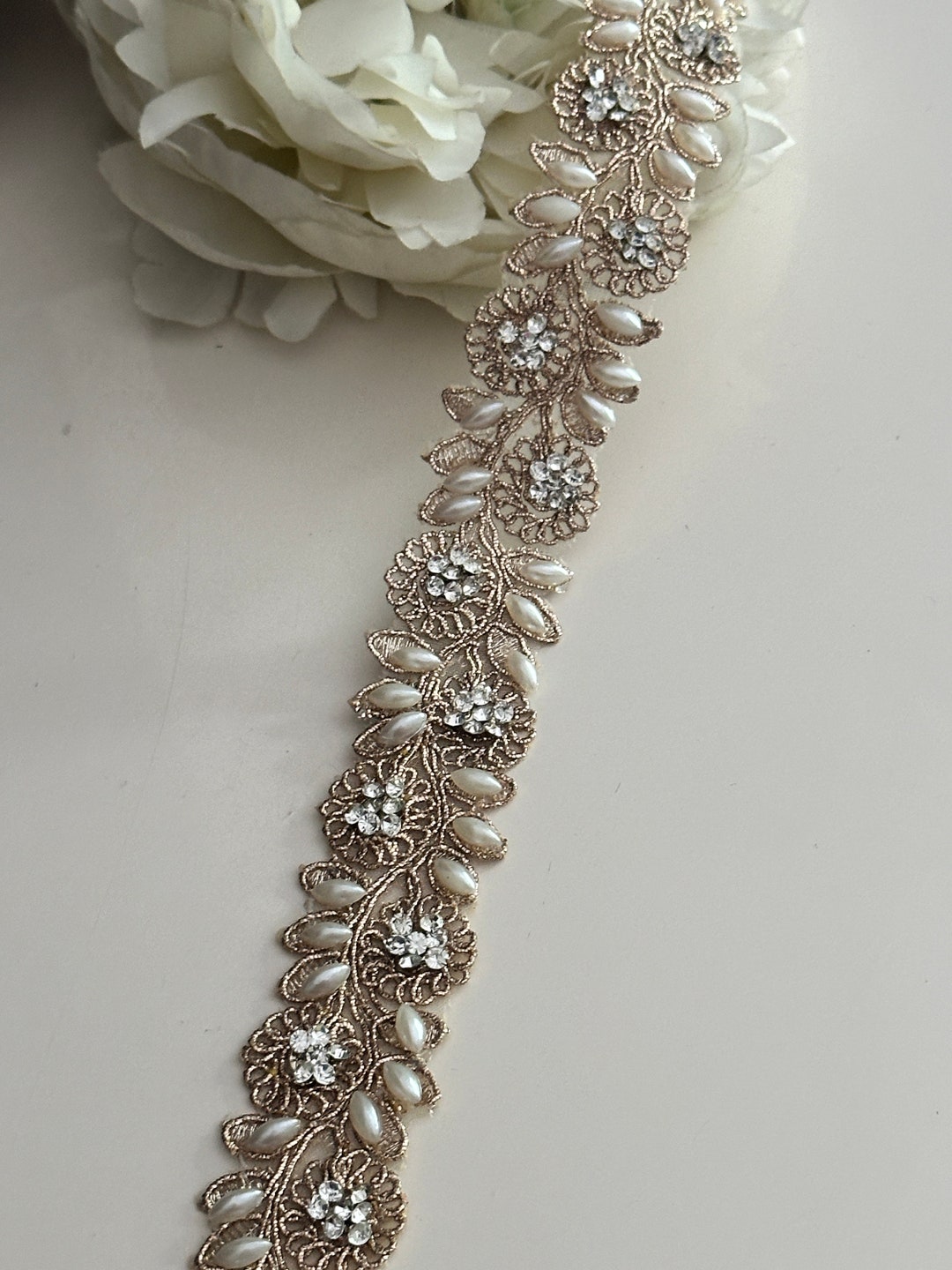 Rose Gold Pearl Crystal 2.5cm Indian Embroidered Lace Pearl Embroidered ...