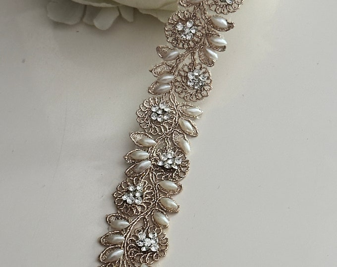 Rose Gold Pearl Crystal 2.5cm Indian Embroidered Lace Pearl Embroidered Band Zari Embellish Net ...