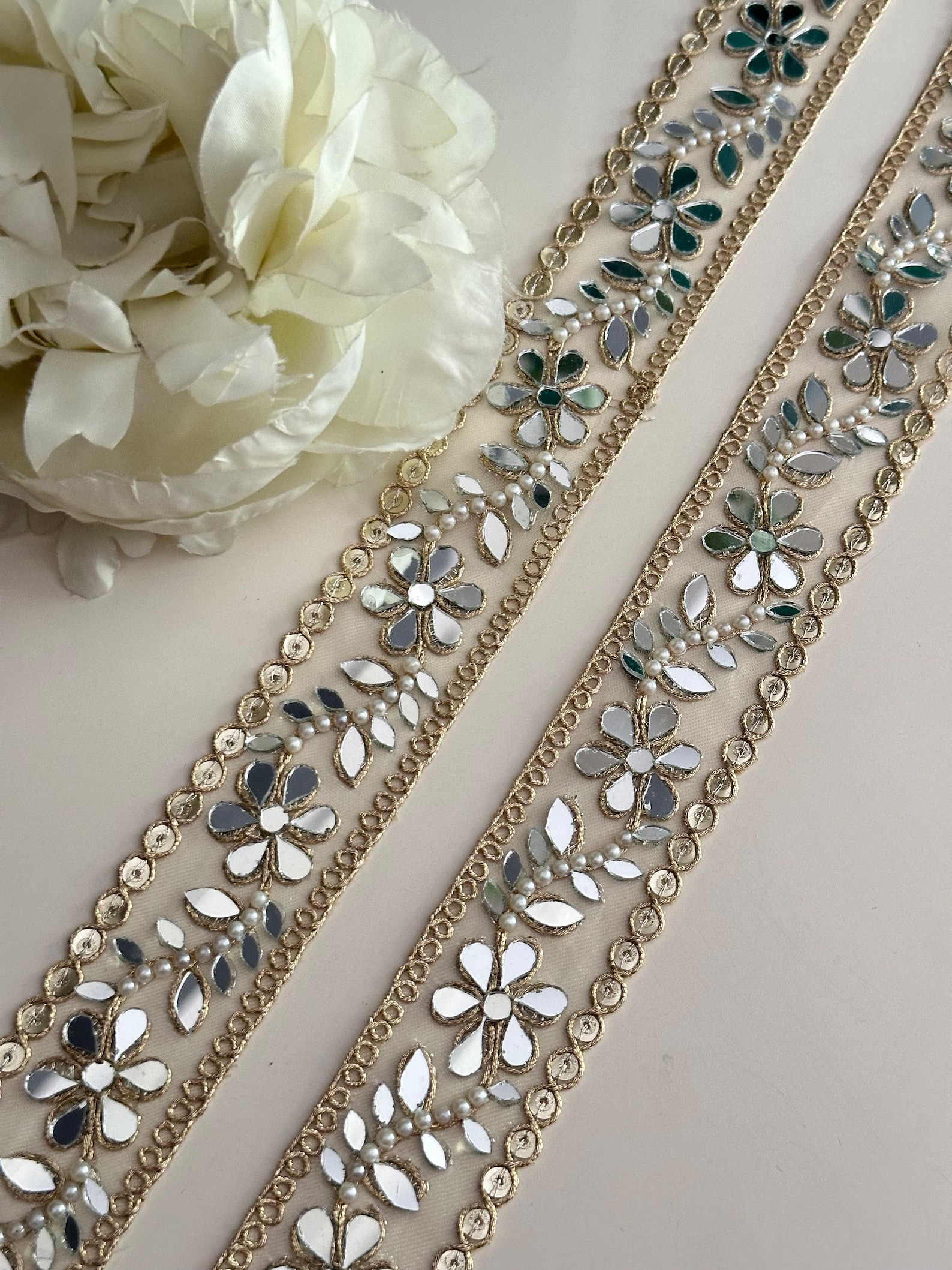 Indian Pearl Mirror Trim Embellished Tulle Fabric Sheer Mirror Trim ...