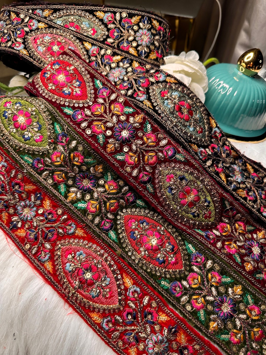 Colourful Indian Embroidery Thread 6.5cm Work Velvet Trim for Sarees ...