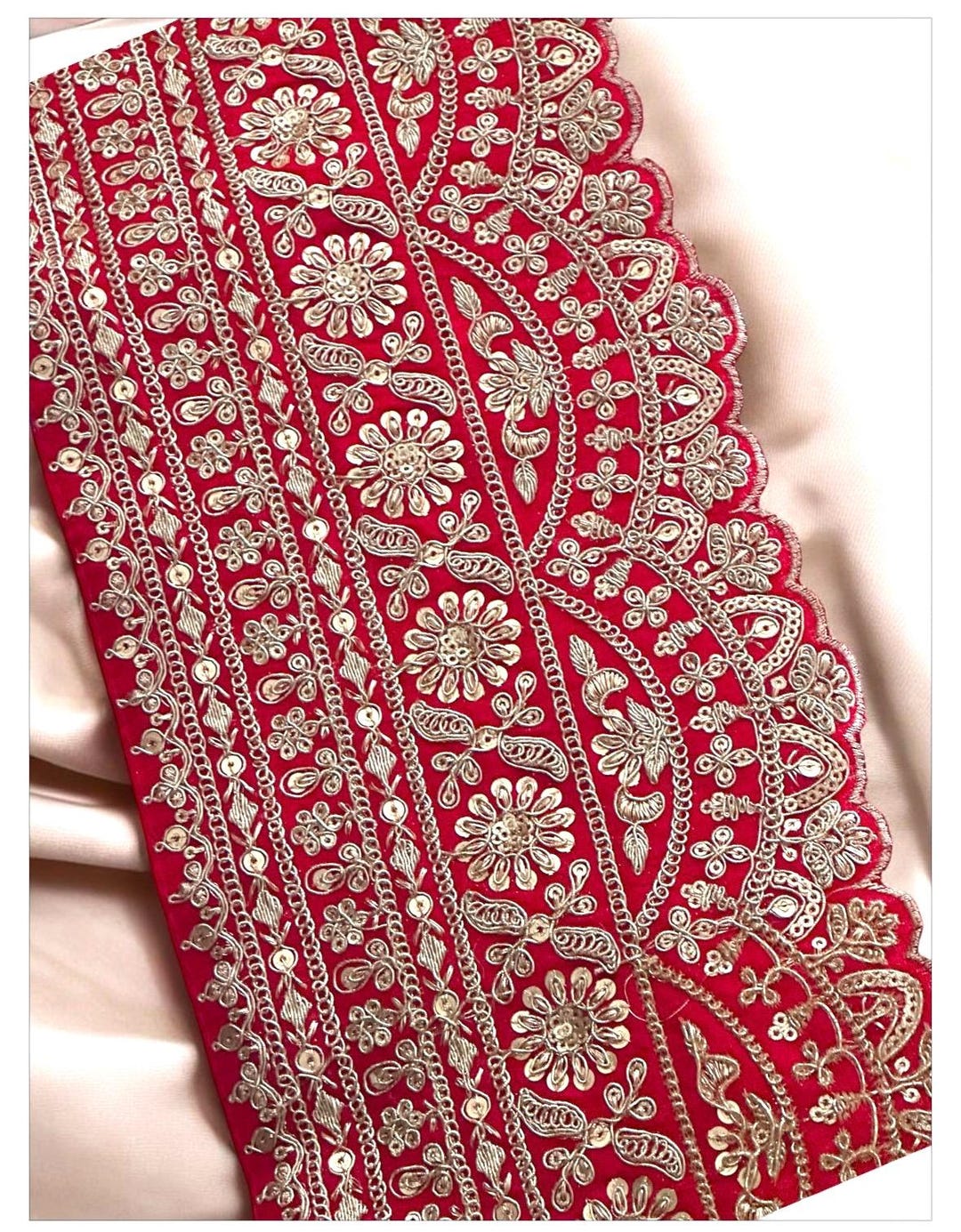 Red Zari Border Gold Hand Embroidered Indian Wedding Fabric Lace Sabyasachi Style Scalloped Trim ...