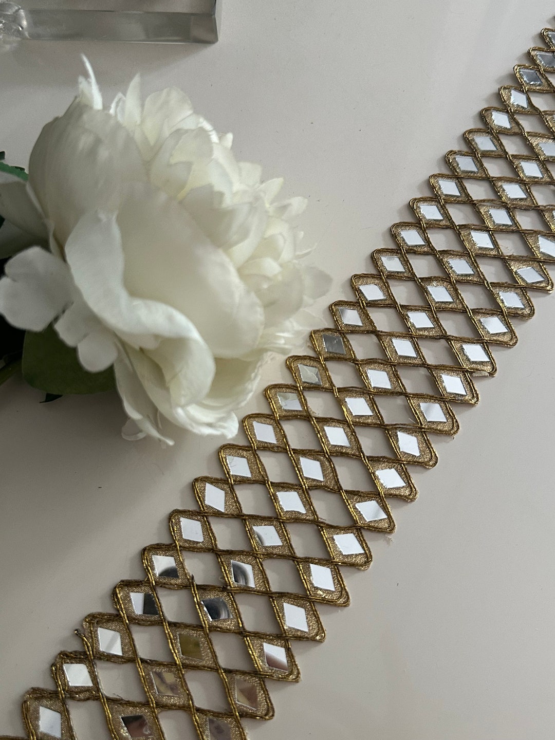 Mirror Indian Hand Crafted Border Gold Zari Mirror Belt 6cm Wide for ...