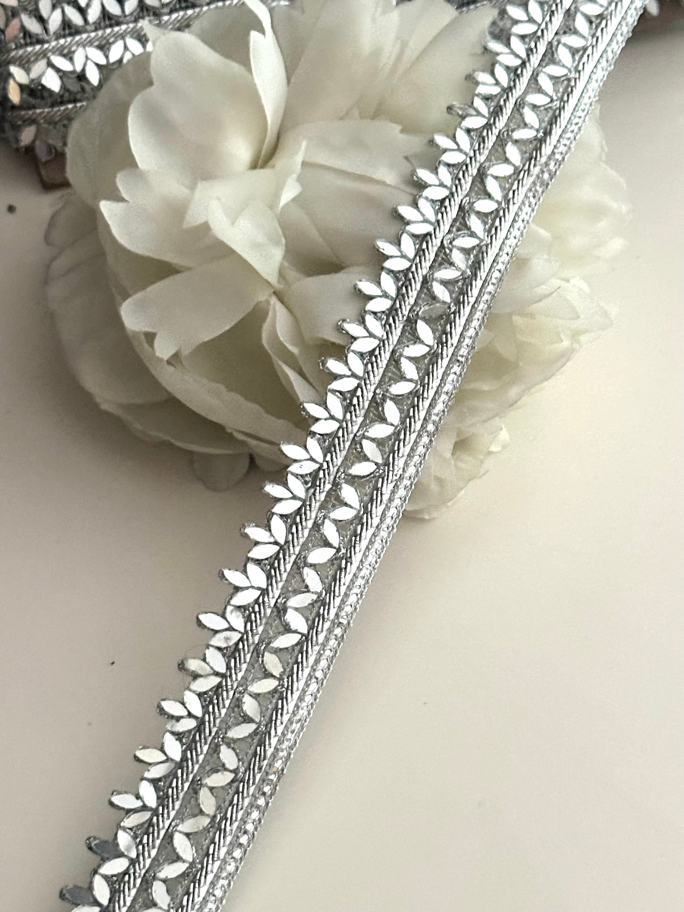 Indian Mirror Trim on Zari Base Glamourous Saree Border 2.5cm Silver ...