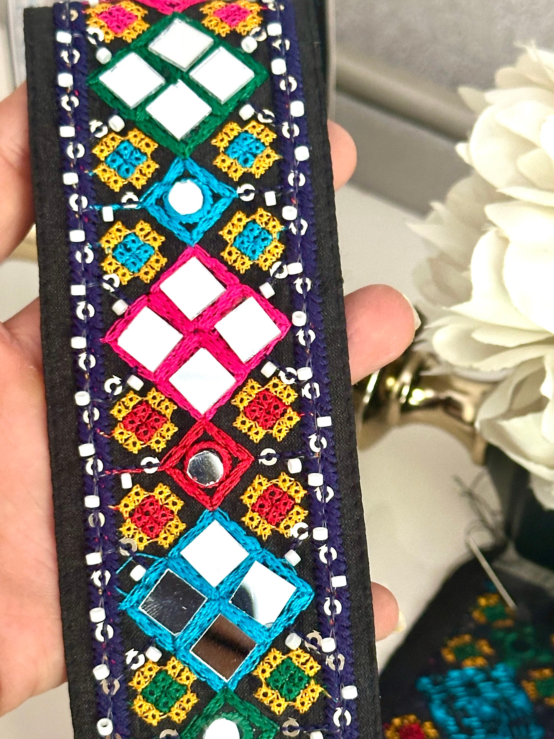 Black Embroidered Multi Colour Mirror Lace Trim Indian Trim Dupatta ...