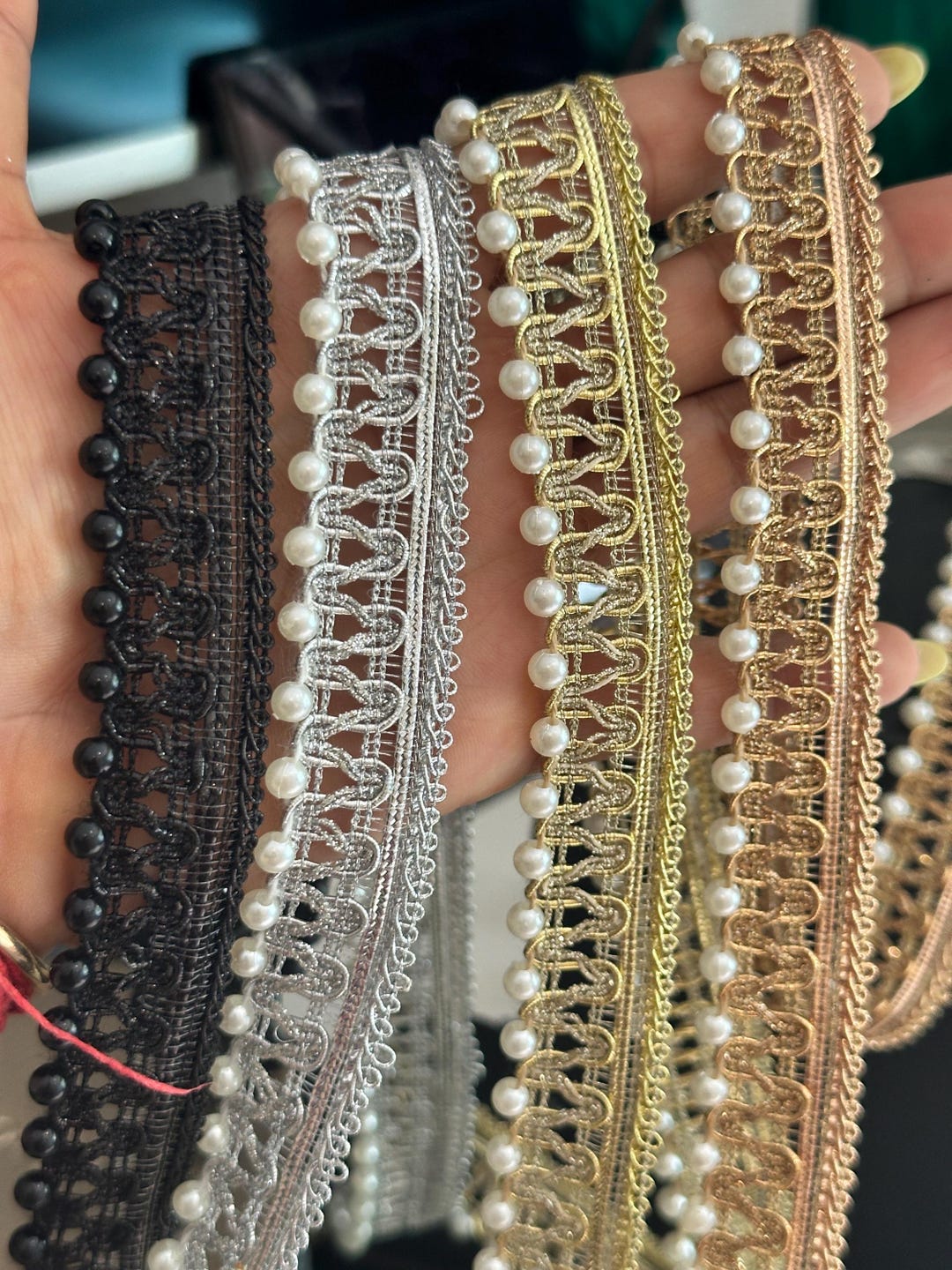 Pearl Beaded Lace Metallic Trim Pearl Lace Border Bridal Costume Trim ...