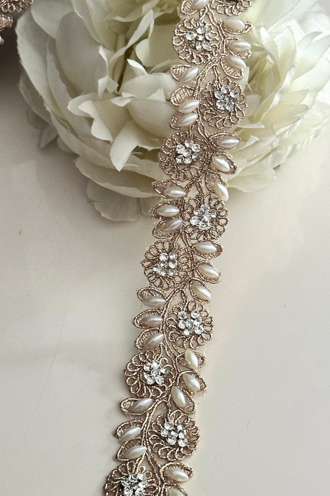 Rose Gold Pearl Crystal 2.5cm Indian Embroidered Lace Pearl Embroidered ...