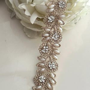 Rose Gold Pearl Crystal 2.5cm Indian Embroidered Lace Pearl Embroidered Band Zari Embellish Net ...