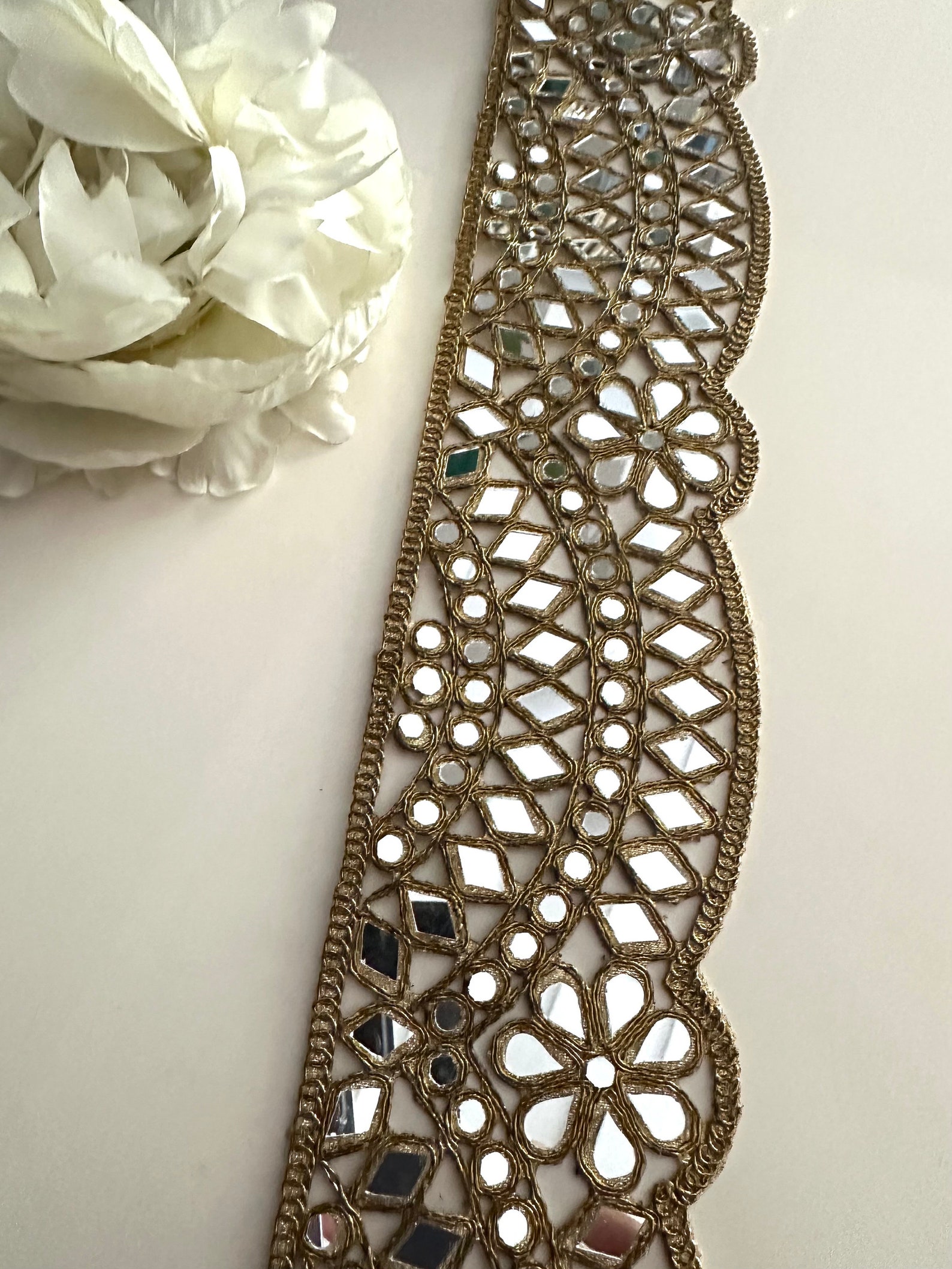 7cm Dull Gold Scallop Designer Mirror Trim, Glamourous Sari Border ...