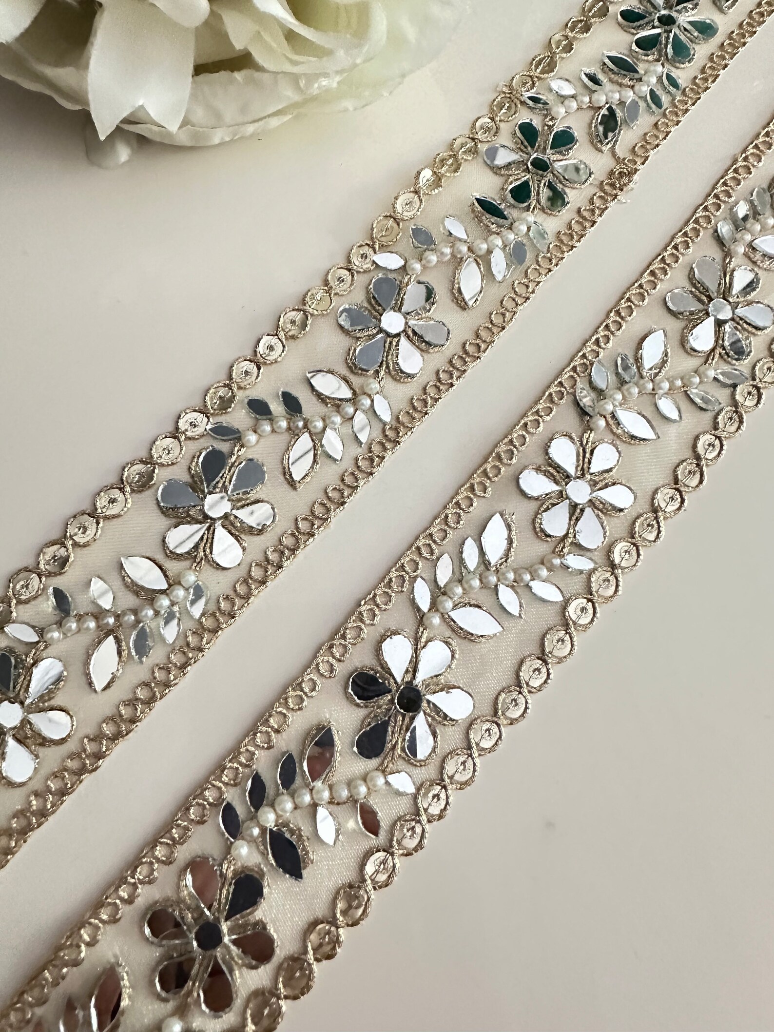 Indian Pearl Mirror Trim Embellished Tulle Fabric Sheer Mirror Trim ...