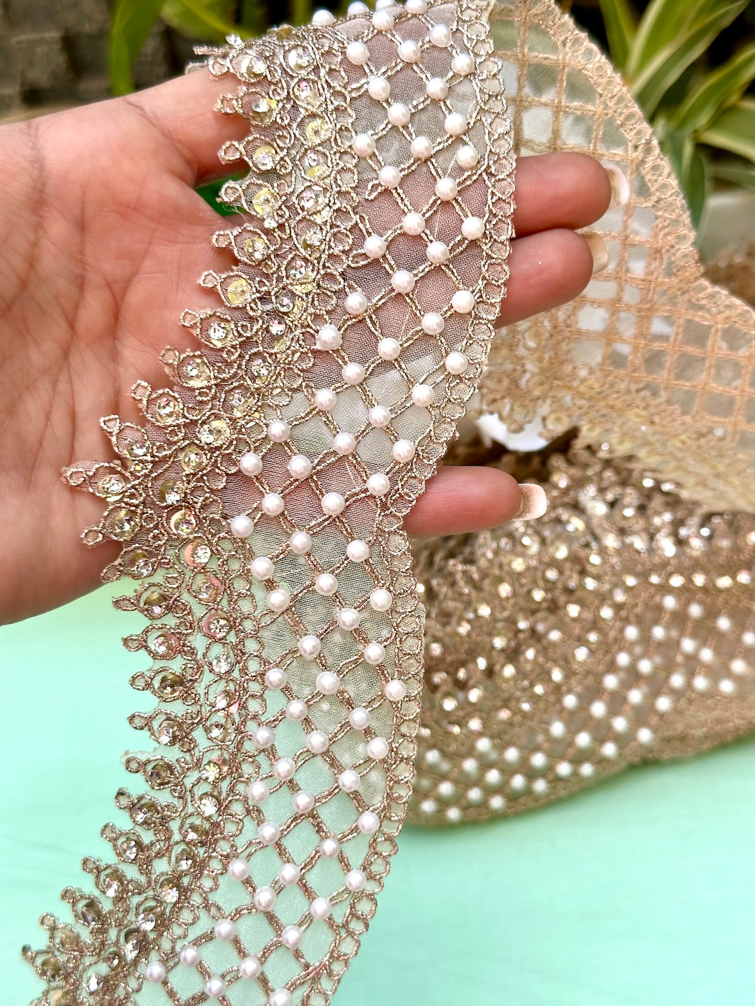 Rose Gold Pearl Zircon Indian Embroidery Scalloped Sari Trim 5.5cm Veil ...