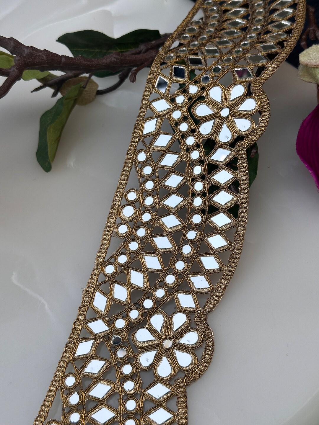 7cm Dull Gold Scallop Designer Mirror Trim, Glamourous Sari Border ...