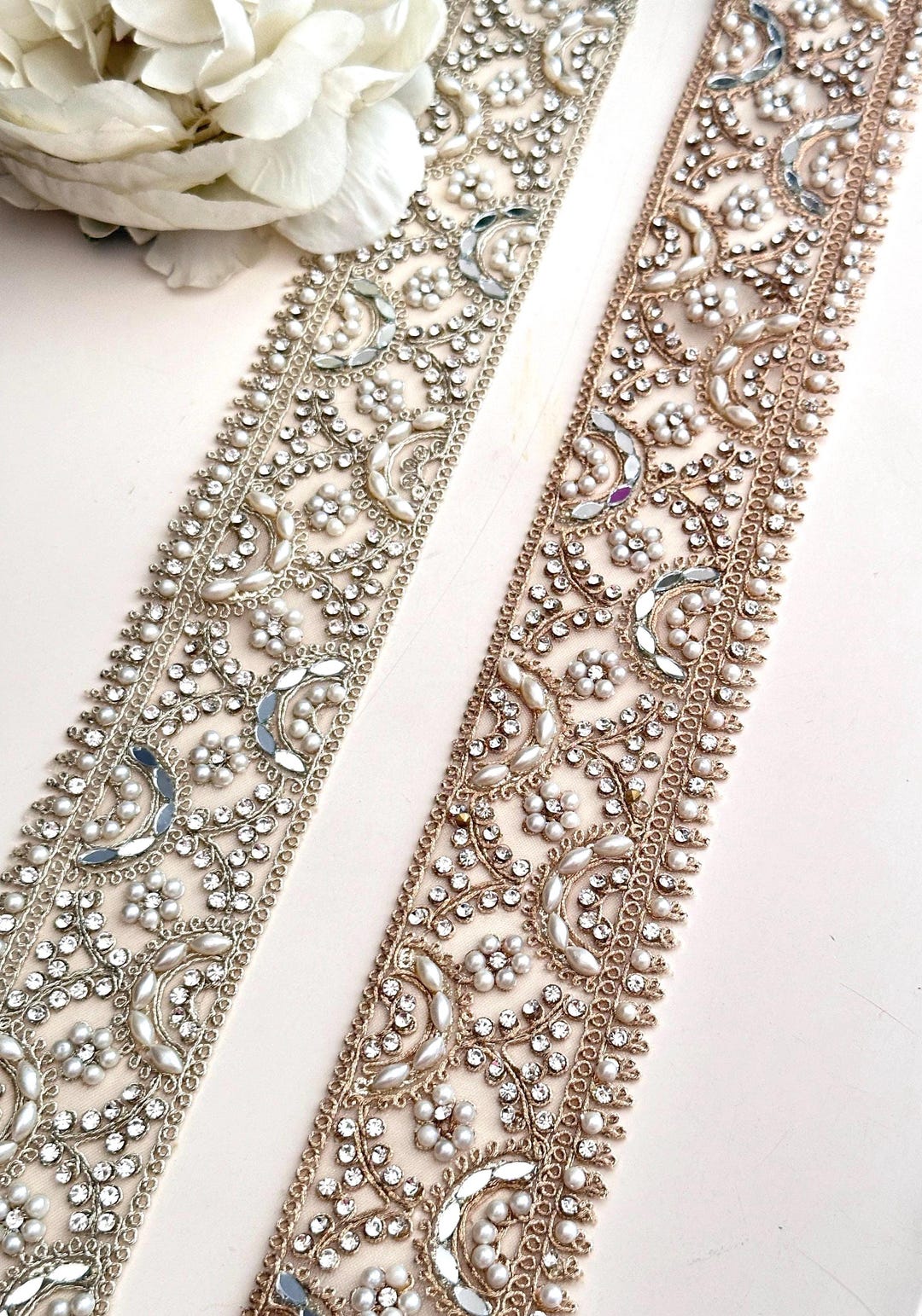 5cm by Yard Pearl Lace Light Gold Mirror Zircon & Pearl Embellished ...