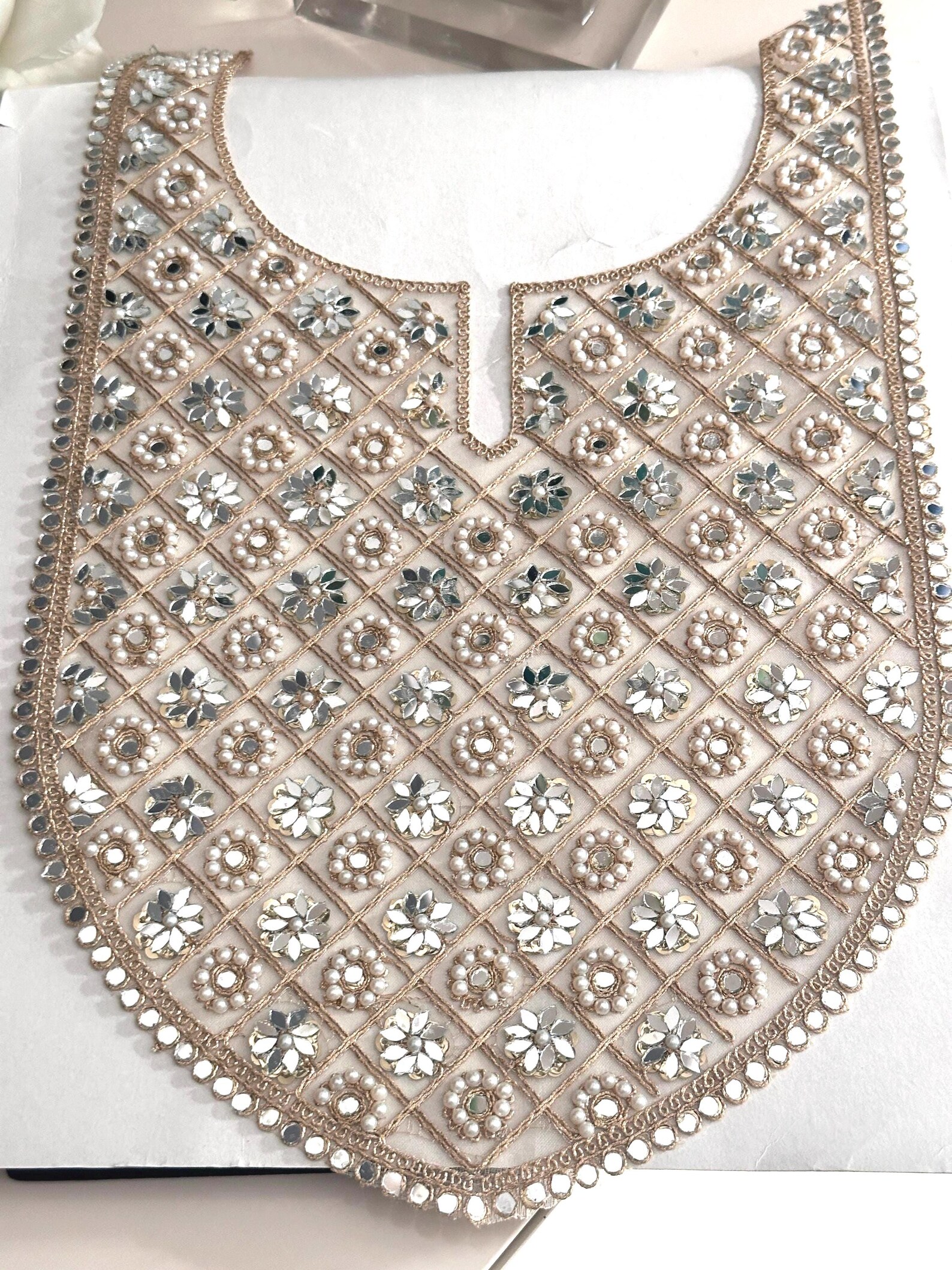 Floral Embroidery Applique Sew on Neckline Patch Mirror Pearl Stone ...