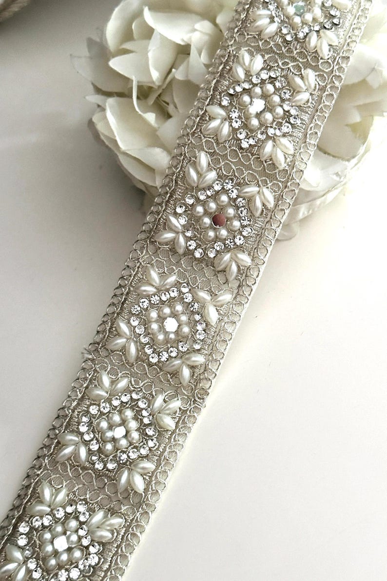 Silver Pearl and Crystal Zircon 4.5cm Embellished Indian Border by Yard ...