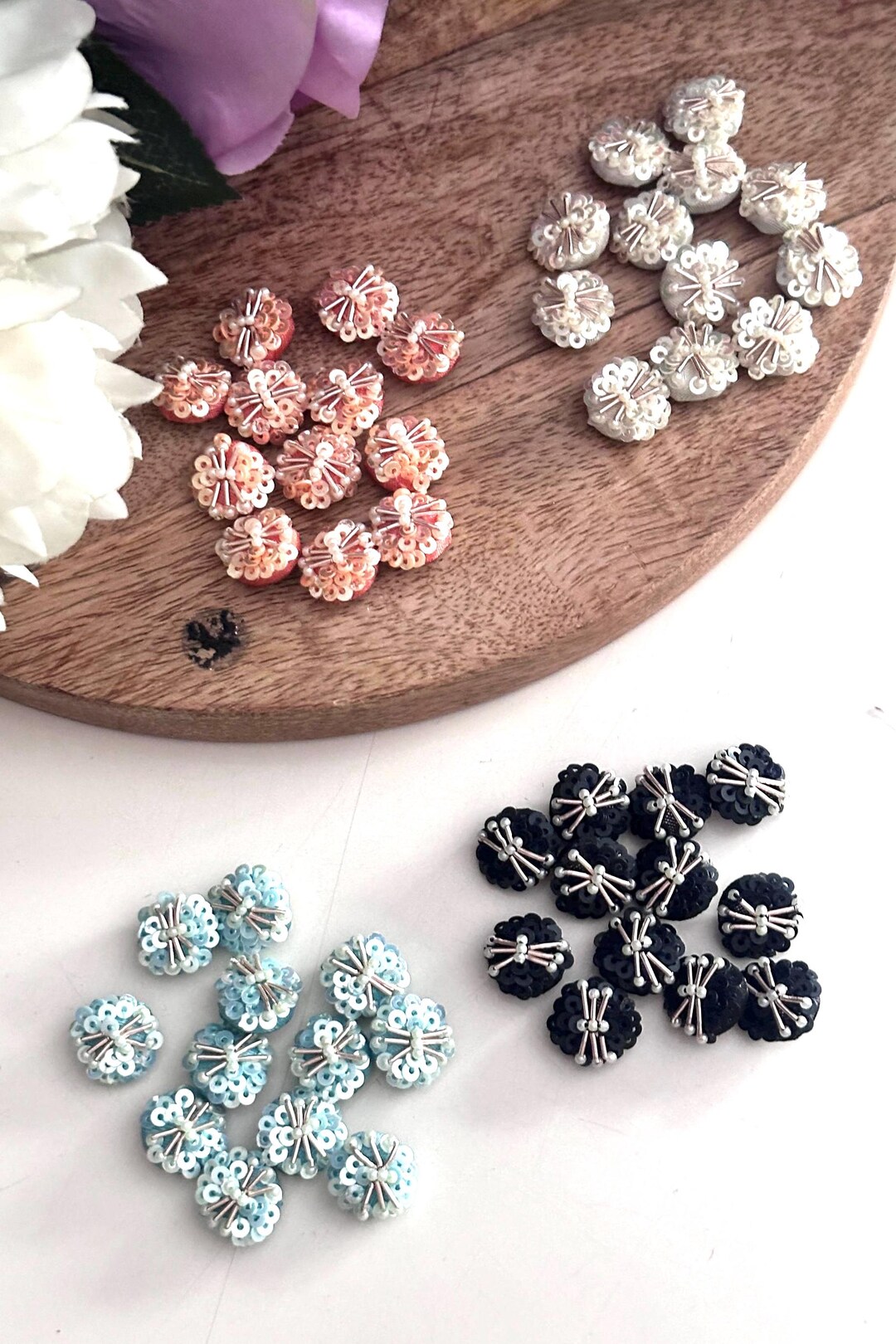 Hand Embroidered Sequin Dome Buttons Metallic Thread Work Embellished ...