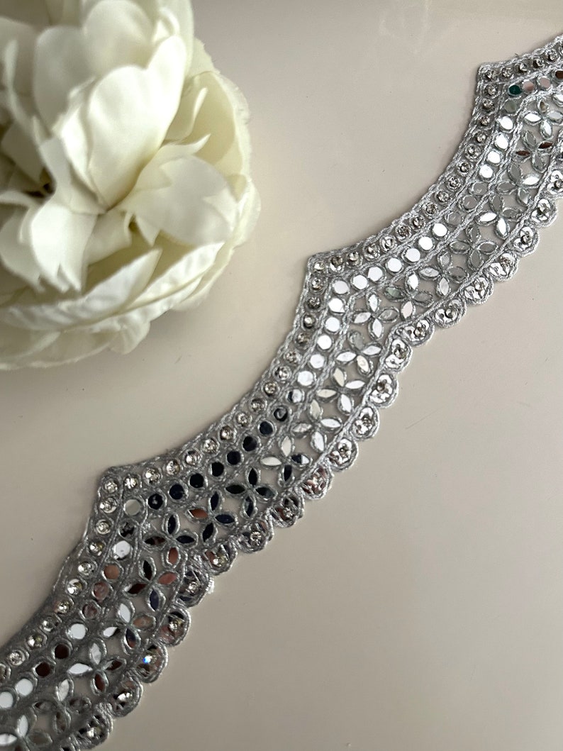 4cm Scalloped Flower Zircon, Indian Embroidered Border, Vine Mirror ...