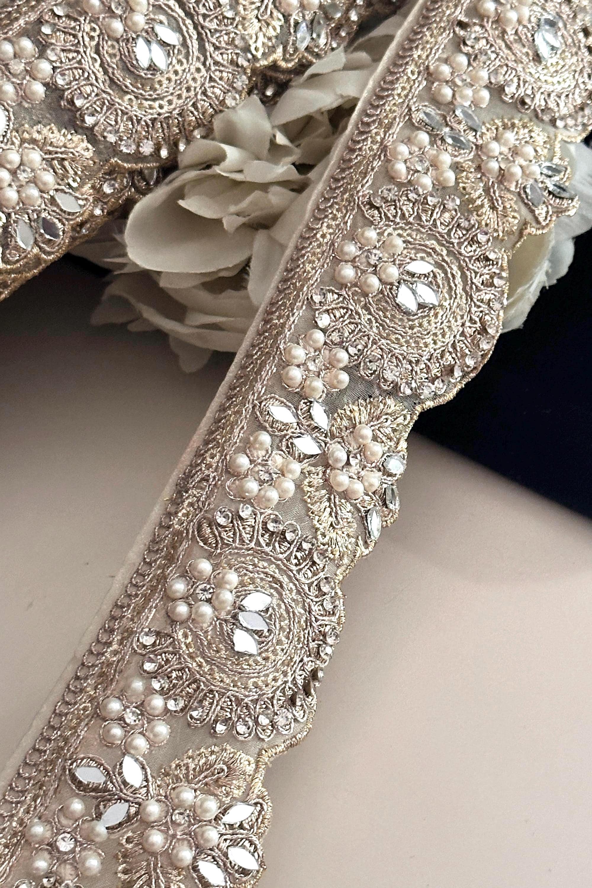 Luxury Light Pearl Zircon Embroidery Sari Border Edging Trim Wedding ...
