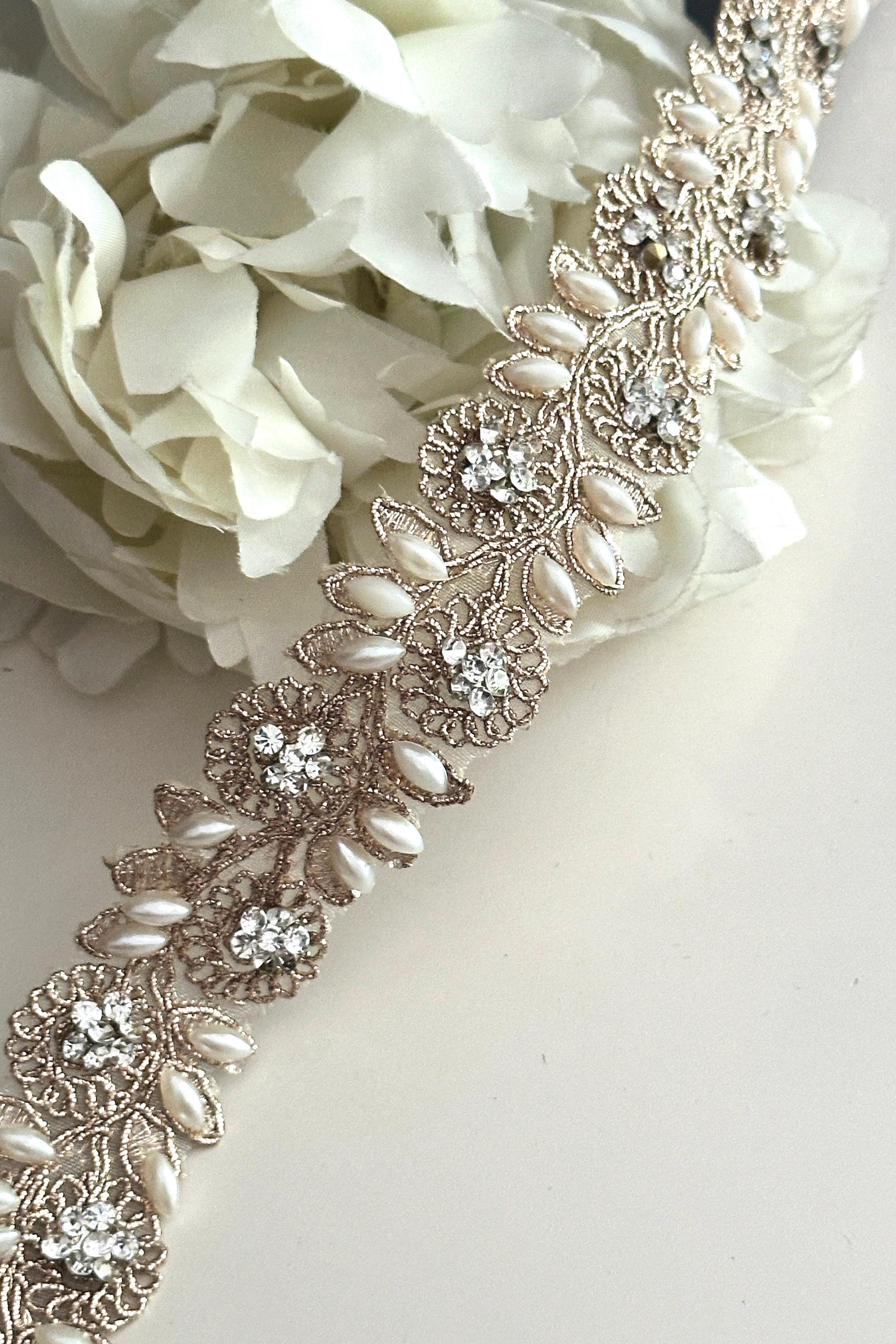 Rose Gold Pearl Crystal 2.5cm Indian Embroidered Lace Pearl Embroidered ...