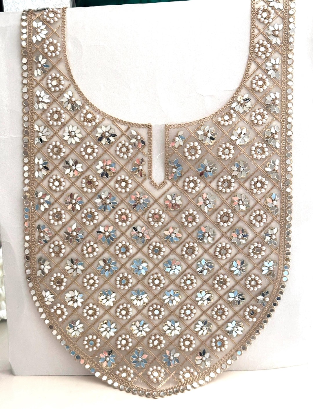 Floral Embroidery Applique Sew on Neckline Patch Mirror Pearl Stone ...