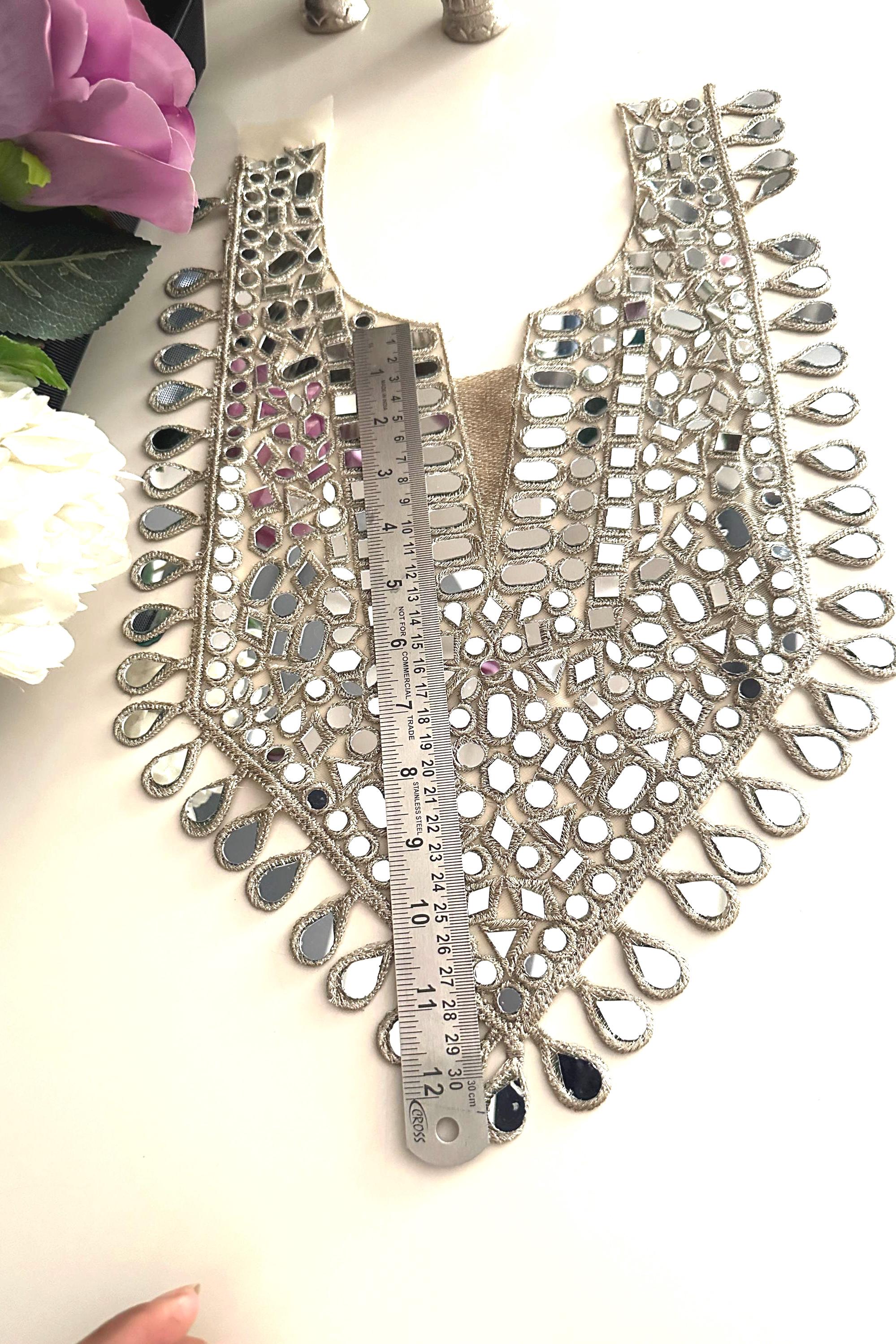 Mirror Work Applique Neckline Patch Handmade Tassel Mirror Embroidery ...